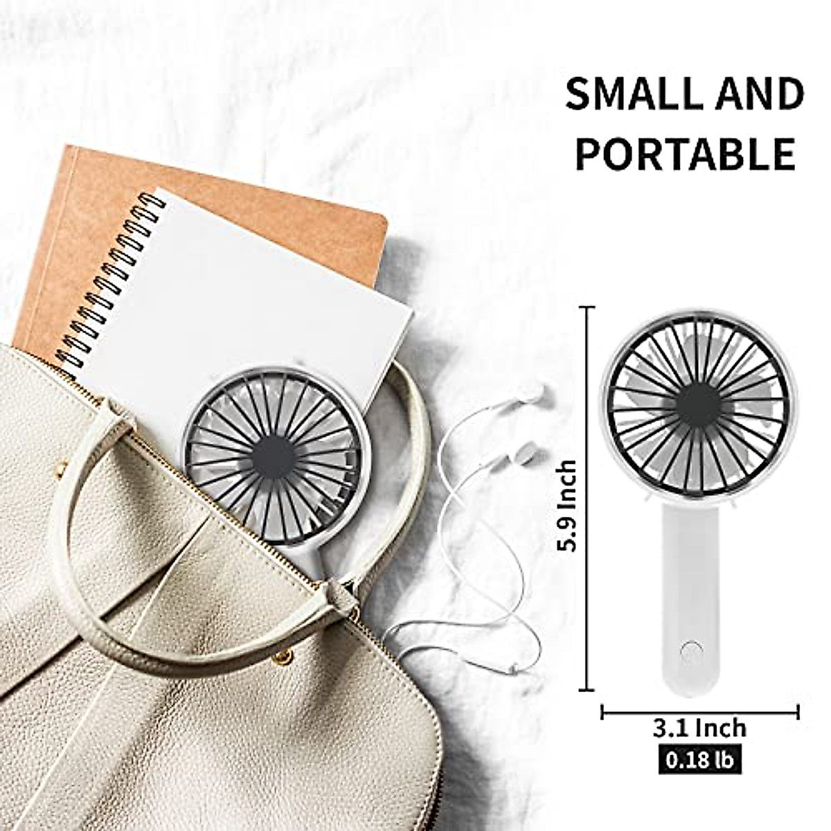 Omikaji Mini Handheld Fan, Folding Table Fan Pocket Fan with 180°Rotatable Flexible Stand, Ultra Quiet Rechargeable Portable Fan for Stroller Bike Camping BBQ Gym Office Room Car Traveling (White)