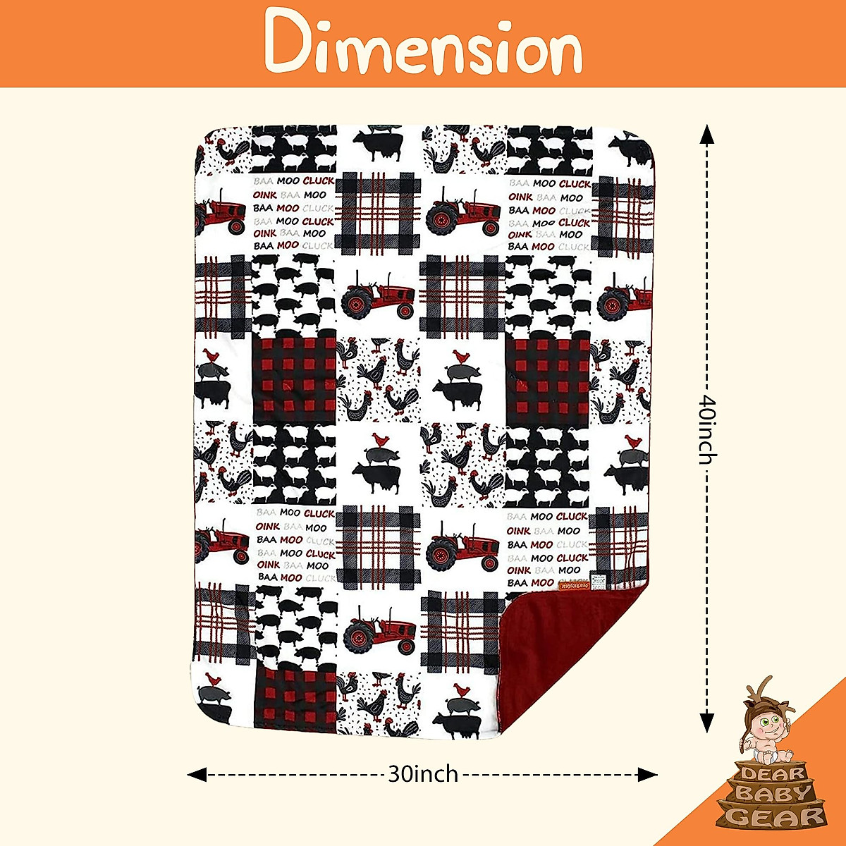 Dear Baby Gear Farm Deluxe Baby Blanket - Double Layer Reversible, Milestone & Infant Gifts for Girls and Boys - Toddler Blankets - Farm Faux Quilt Printed & Red Smooth Fabric, 40 x 30 Inches