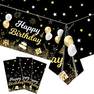 MRJ 3 Pack Gold and Black Happy Birthday Tablecloths 54"x108" Star Birthday Table Cover for Kids Boys Girls Baby Shower