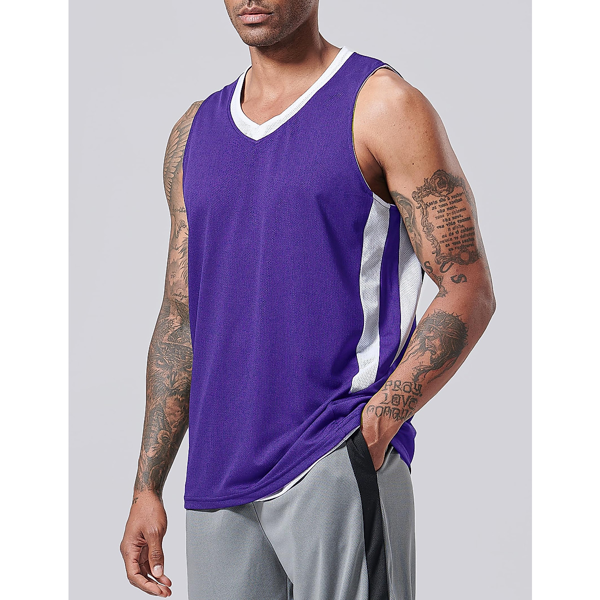 10-Pack Men's Reversible Custom Basketball Jerseys, Plain Mesh Athletic Sleeveless Shirts Blank Team Uniforms Set (Purple/White)