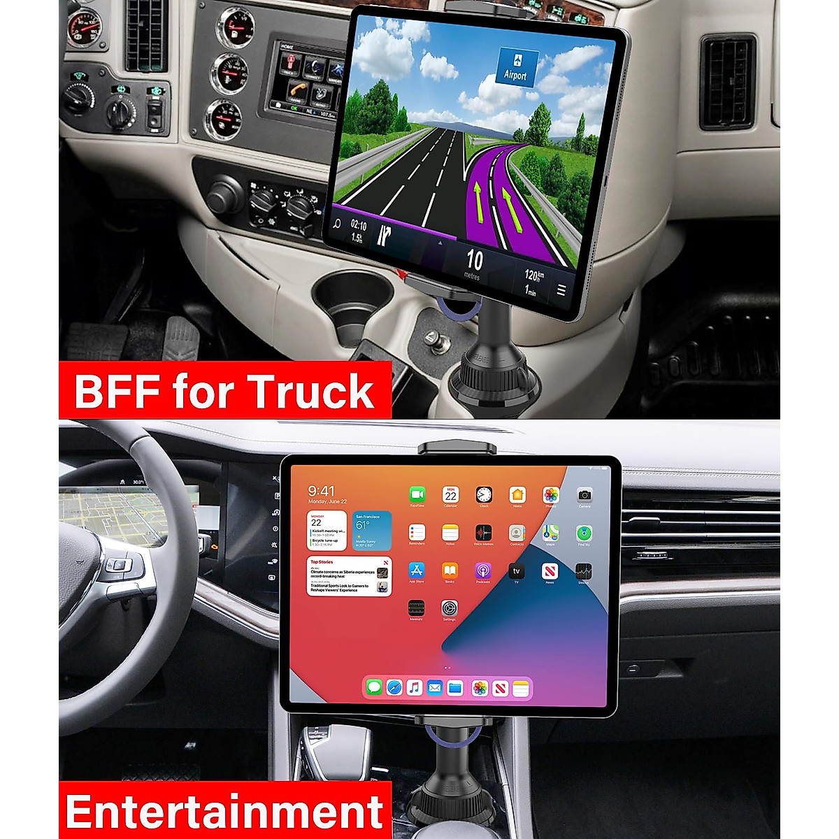 APPS2Car Solid Cup Holder Tablet Mount for Car, Adjustable Height iPad Car Mount for Truck Low Profile Road Trip Essentials Compatible with 4.7-13" iPad Pro Air Mini, Fire, iPhone, Cell Phone - Black