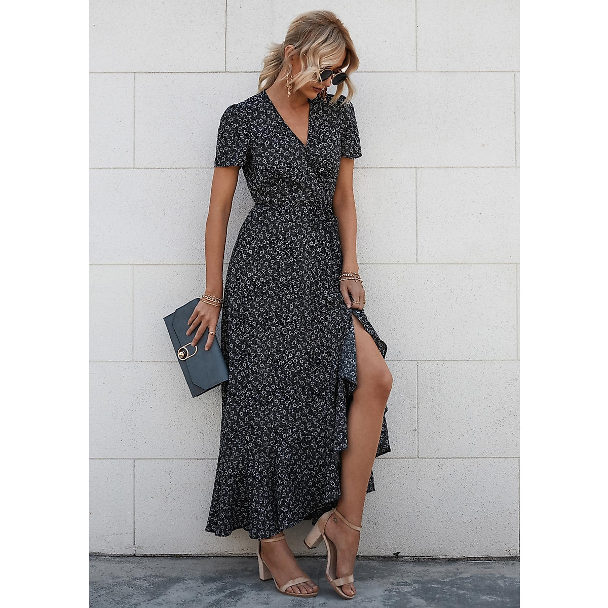 PRETTYGARDEN Women's Summer Wrap Maxi Dress Casual Boho Floral V Neck Short Sleeve Ruffle Hem Split Beach Long Dresses (Black,XX-Large)