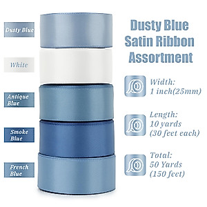 DINDOSAL Dusty Blue Ribbon 1 Inch Satin Ribbon 5 Rolls Assortment French Blue Ribbon for Wedding Silk Antique Blue Ribbon for Baby Shower Ribbon for Gift Wrapping Hair Bows Crafts Bouquet - 50Yards