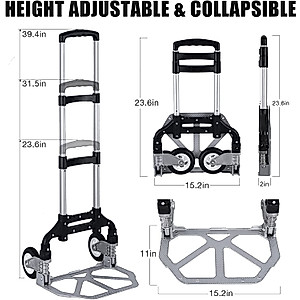 Foldable Hand Truck Dolly Aluminum Folding Hand Cart Luggage Trolley Cart Max 175lbs Capacity Dolly Cart, with Telescoping Handle and Rubber Wheels, Double Bearings