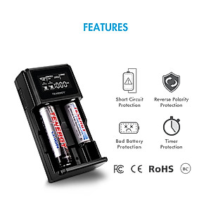 Tenergy TN471U 2-Bay Universal Battery Charger with LCD for Li-ion/NiMH/NiCD Rechargeable Batteries, Micro USB Input, Portable Charger for Batteries Sizes 18650, 16340, 26650, AA, AAA, and More