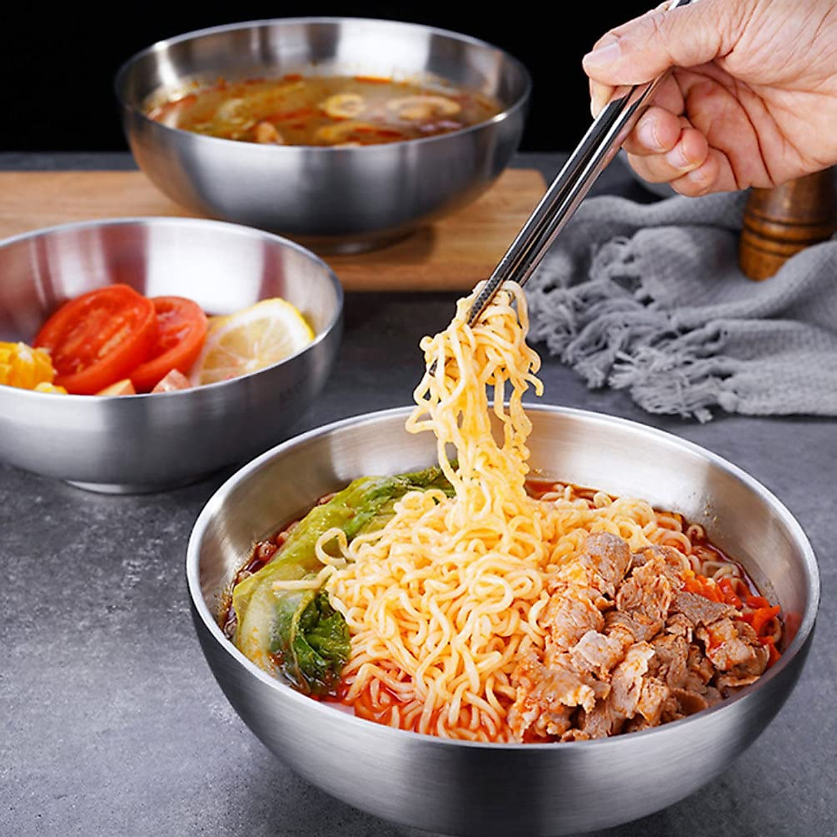 Kichvoe Korean Bowl Soup Bowls Ramen Noodle Bowls Stainless Steel Bowl Korean Bowls Double Walled Serving Bowl for Udon Pho Dessert Cereal Salad 15cm Metal Bowls