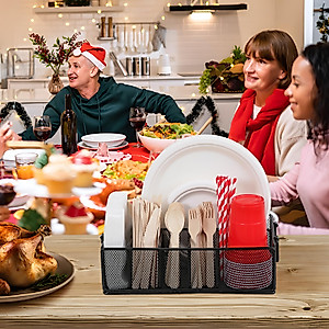 Remittur Paper Plate Dispenser with Handle, Metal Paper Plate Holders for Kitchen Counter, Utensil Holder Organizer with 6 Compartments, Silverware Holder Caddy for Cup Fork Spoon Napkin Party Camping