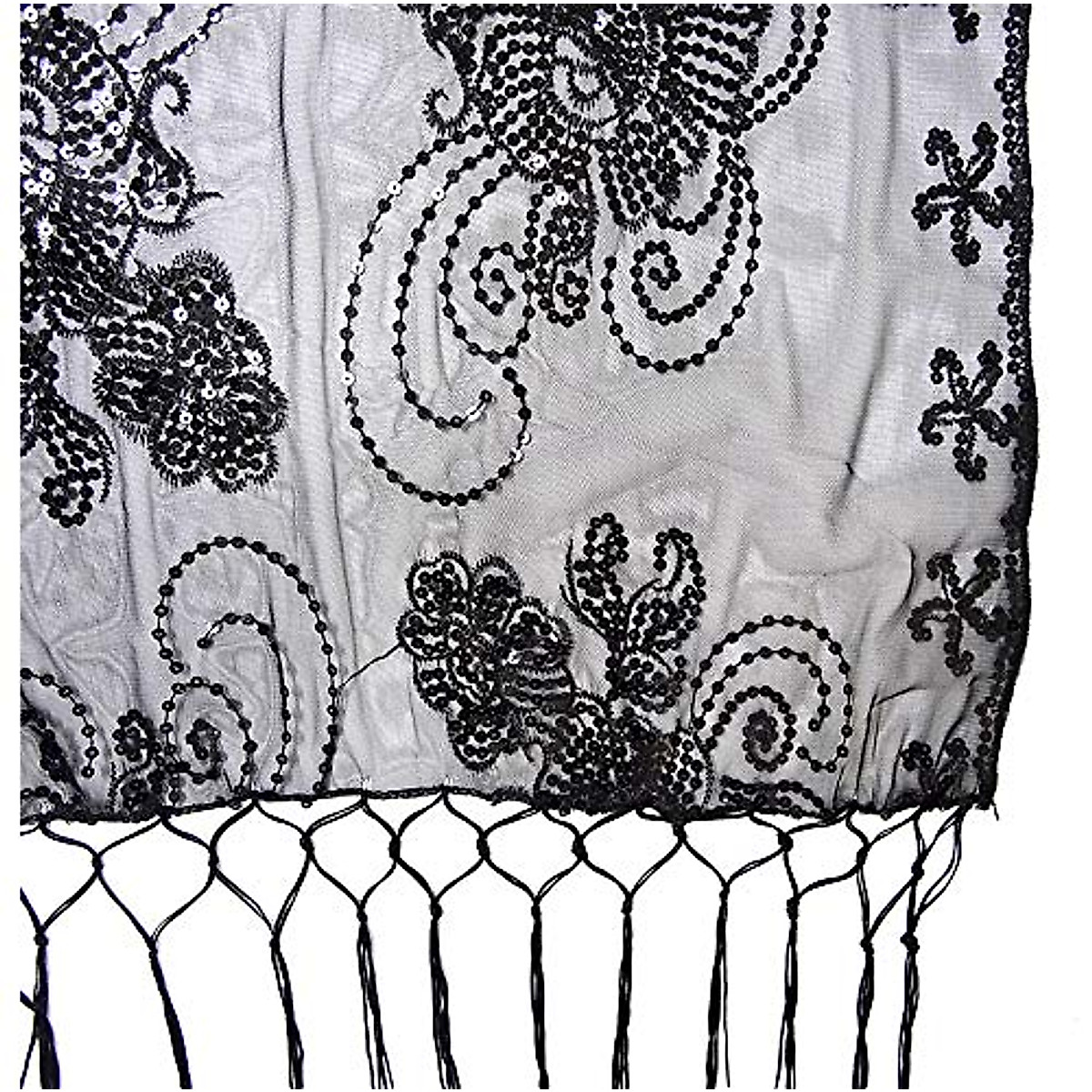 L'VOW Women's Glittering 1920s Scarf Mesh Sequin Wedding Cape Fringed Evening Shawl Wraps(Black)