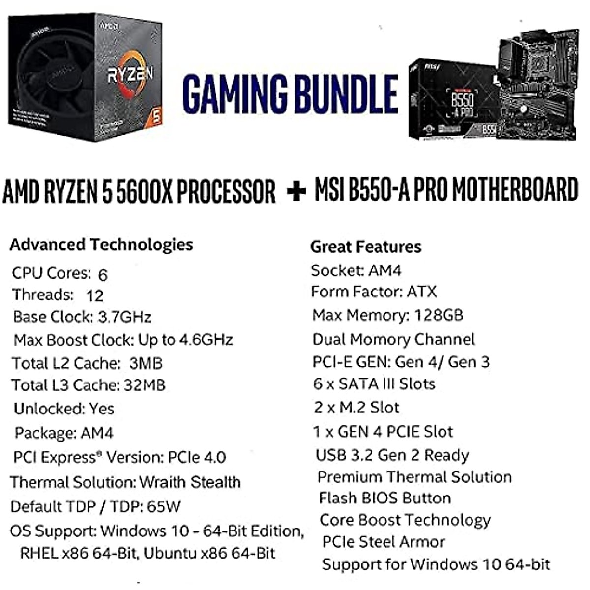 INLAND Performance 2TB NVMe PCIe Gen 4.0 M.2 2280 SSD + AMD Ryzen 5 5600X Desktop Processor 6-core Unlocked Bundle with MSI B550-A PRO AM4 DDR4 ATX Motherboard