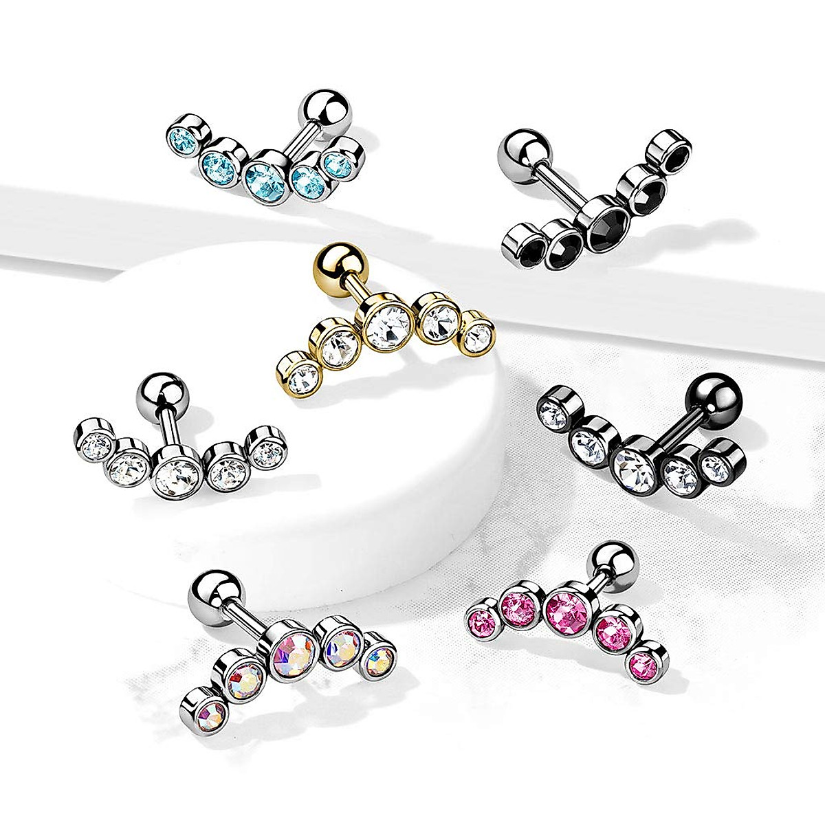 Amelia Fashion 16 Gauge 5-Round Gem Set Curve Top 316L Surgical Steel Cartilage Barbell Studs (Aurora Borealis)