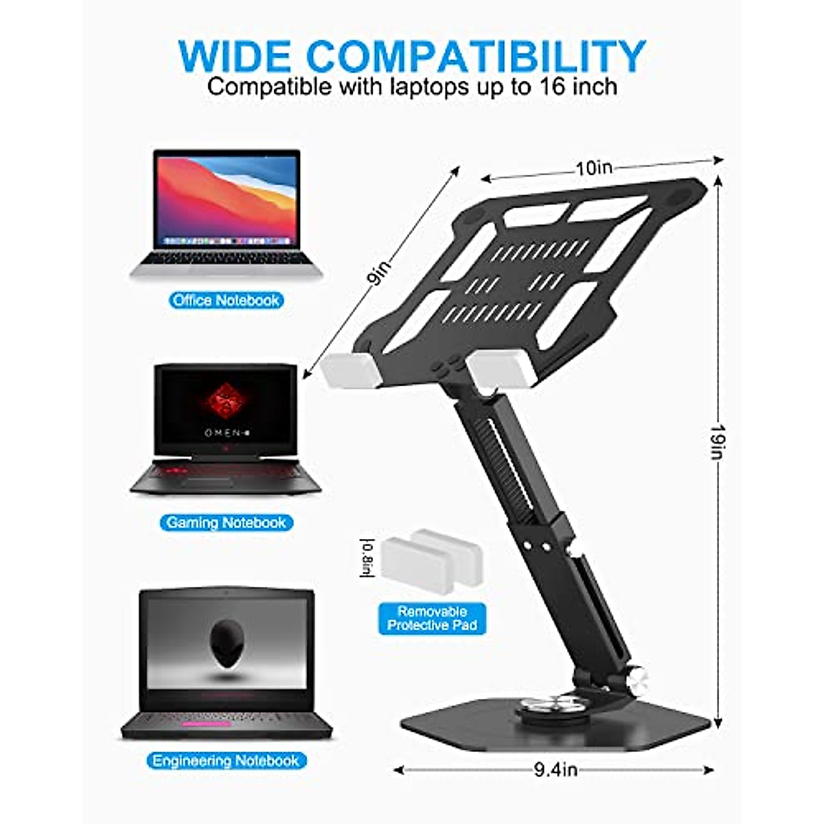 SENXILLER Laptop Stand for Desk, Laptop Stand Adjustable Height up to 19 inch, Swivel Laptop Stand with 360°Rotating, Laptop Riser Computer Stand Compatible with MacBook and All Laptops