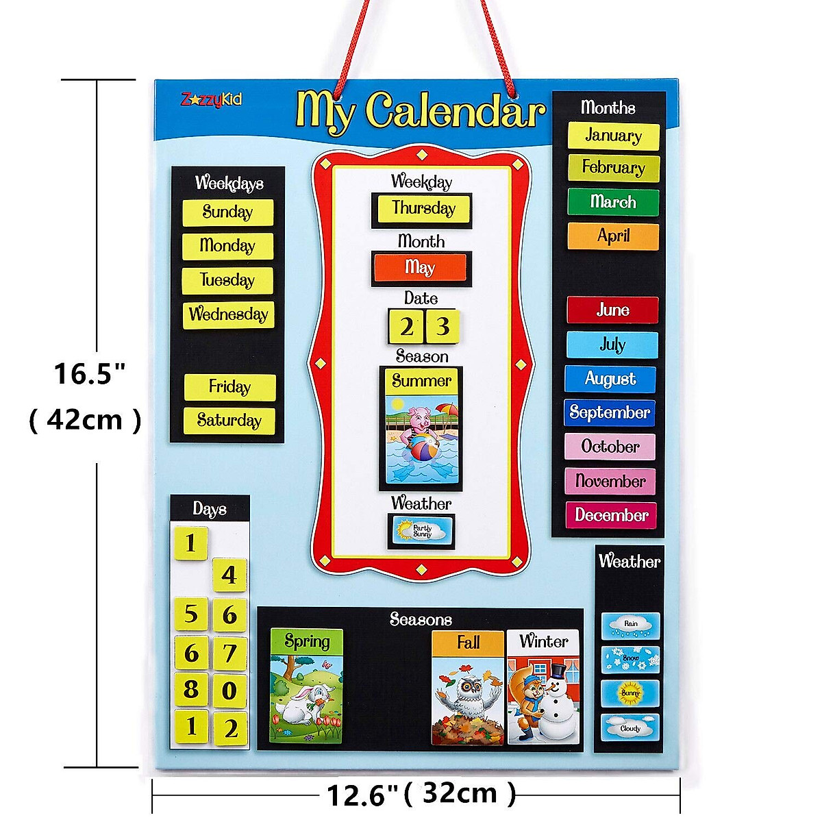 ZazzyKid Magnetic Calendar & Weather Chart for Kids - Preschool Daily Calendar Learning for Days of the Week, Months, Weather & Season Blue
