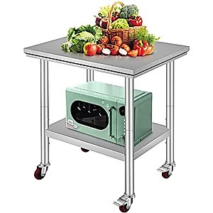 Mophorn Stainless Steel Work Table with Wheels 24 x 30 x 33.8 Inch Prep Table with 4 Casters Heavy Duty Work Table for Commercial Kitchen Restaurant Business