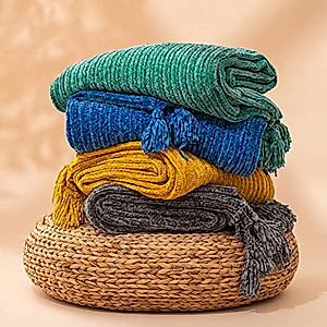 RECYCO Chenille Knit Throw Blanket for Couch, Super Soft Cozy Throw Blankets with Tassels, Thick Striped Knitted Blankets for Sofa Chair Bed Living Room, Turquoise, 50" x 60", Laundry Bag Included