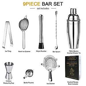 LIVEHITOP Cocktail Shaker Set, Stainless Steel Bartending Kit with 25 oz Martini Shaker, Jigger, Strainer, Mixing Spoon, Muddler, Recipe, Professional Bar Tools Gifts for Him Her