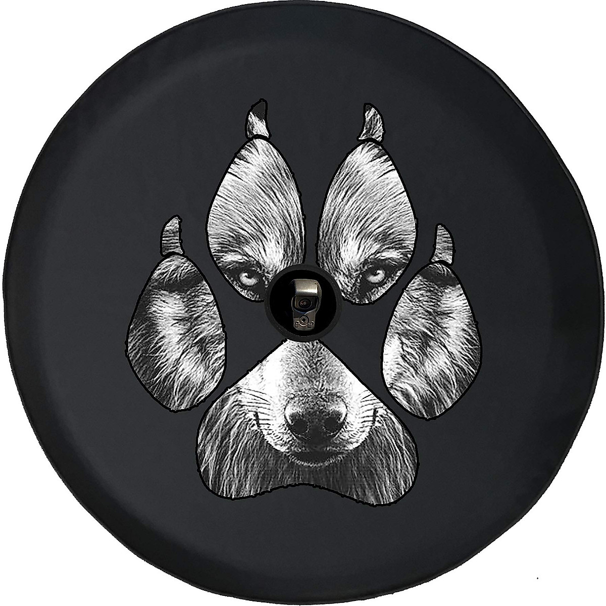 Funny Spare Tire Wheel Cover for Camper SUV Trailer Truck RV JP Thick PVC Leather | American Grey Wolf Paw Print Black 32 Inch with Backup Camera Hole