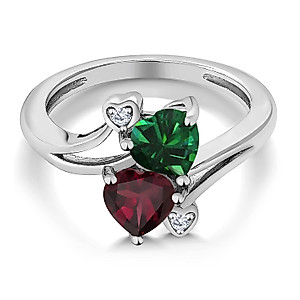 Gem Stone King 925 Sterling Silver Green Nano Emerald Red Rhodolite Garnet and White Moissanite Ring For Women (1.45 Cttw, Heart Shape 6MM, Gemstone May Birthstone, Available In Size 5, 6, 7, 8, 9)