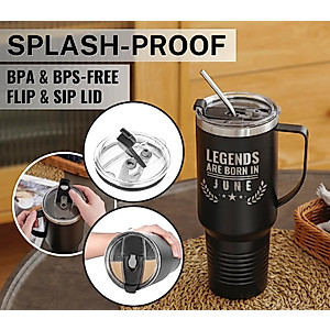 Onebttl Funny Birthday Gifts for Men, Him, 40 oz Tumbler with Handle, Black, Legends are Born in June