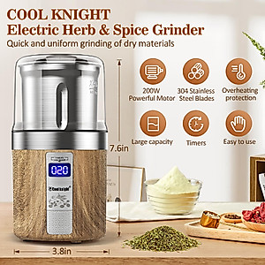 COOL KNIGHT Herb Grinder, Spice Grinder, Electric Grinder with Timer, 304 Stainless Steel Blades and Removable Stainless Steel Bowl, Large Capacity for Quick Grinding of Spices,Herbs,Coffee Beans,etc