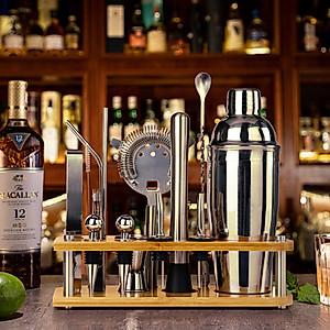 Mixology Bartender kit,16-Piece Silver Bartender Kit with Stand, 25oz Bar Set Cocktail Shaker Set, Professional Stainless Steel Bartending Kit for Home, Bar, Party