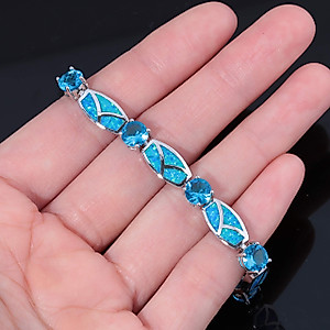 CiNily Created Blue Fire Opal Aquamarine Rhodium Plated for Women Jewelry Gems Chain Bracelet