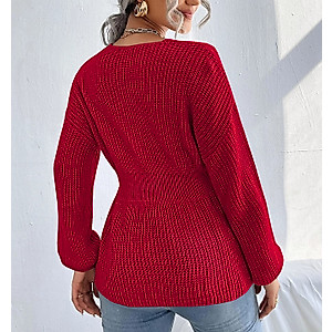 Veatzaer Womens V Neck Sweaters Fall Trendy Casual Long Lantern Sleeve Ribbed Knit Pullover Sweater Tops Red