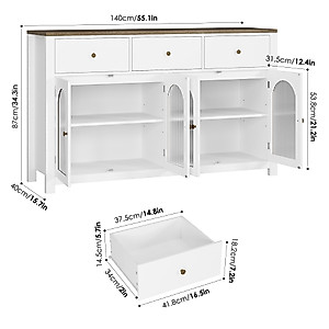 FINETONES Buffet Cabinet with Storage, 55.1" Large Sideboard Buffet Cabinet, Farmhouse Kitchen Cabinet Display Cabinet with 3 Drawers and 4 Doors, Wood Coffee Bar Cabinet for Kitchen Dining Room