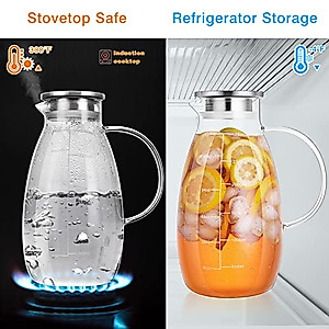 Glass Pitcher, 91 oz/2.7L Glass Water Pitcher with Lid and Handle, Carafe Pitcher for Beverage, Hot Cold Drinking, Boiling water on electric stove, Stainless Steel Lid and Borosilicate Glass