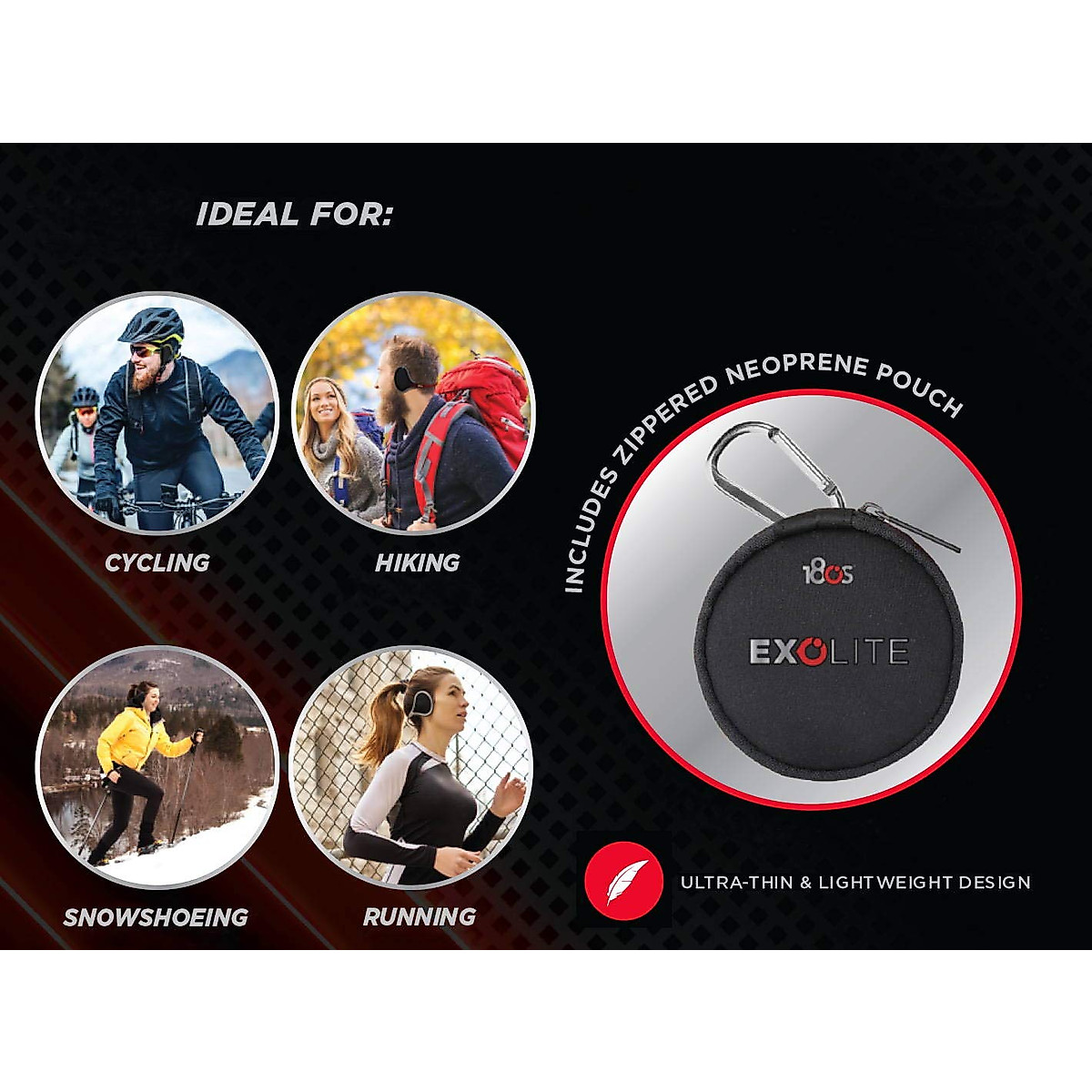 180s Unisex Ultra-Thin & Lightweight EXOLITE Behind-the-head Ear Warmer (Exolite, Black)