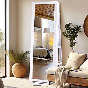 Wellynap Mirror Jewelry Cabinet, 360° Rotatable Full Length Mirror Stand, Lockable Jewelry Organizer Armoire with Back Storage Shelves for Bedroom, Cloakroom, White