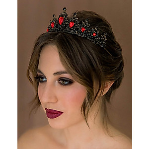 SWEETV Jeweled Tiaras and Crowns for Women, Red Crystal Queen Crown, Black Wedding Tiara for Bride, Metal Birthday Quinceanera Pageant Prom Headpieces,Delilah