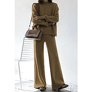 Fixmatti Women's 2 Piece Outfits Sweatsuit Knit Long Sleeve Sweater Wide Leg Pants Loungewear Brown S