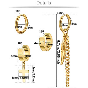 Ofeiyaa 4 Pairs Stainless Steel Dangle Hinged Hoop Earrings Huggie Earrings Piercing CZ Stud for Men Women Silver