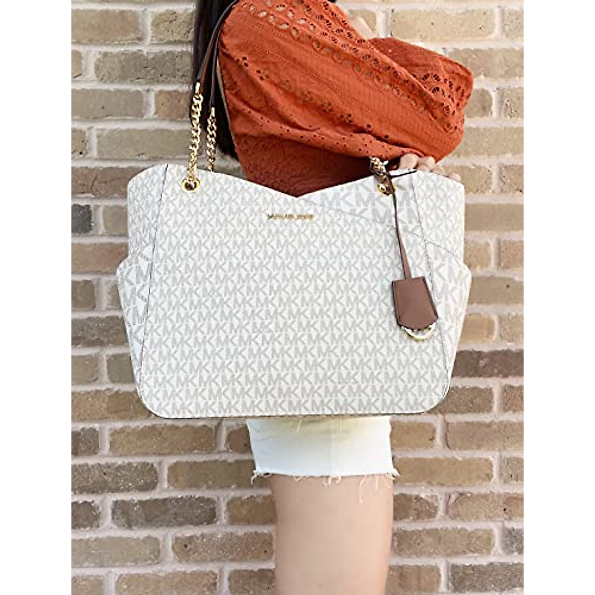 Michael Kors Jet Set Travel Large Chain Shoulder Tote Vanilla MK Signature Logo Bundled Jet Set Travel Continental Wristlet Vanilla Signature MK