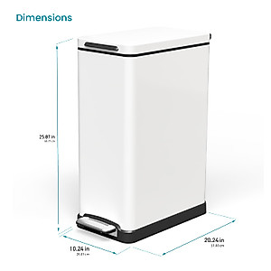 Home Zone Living 12 Gallon Slim Kitchen Trash Can, Stainless Steel, Step Pedal, 45 Liter, White