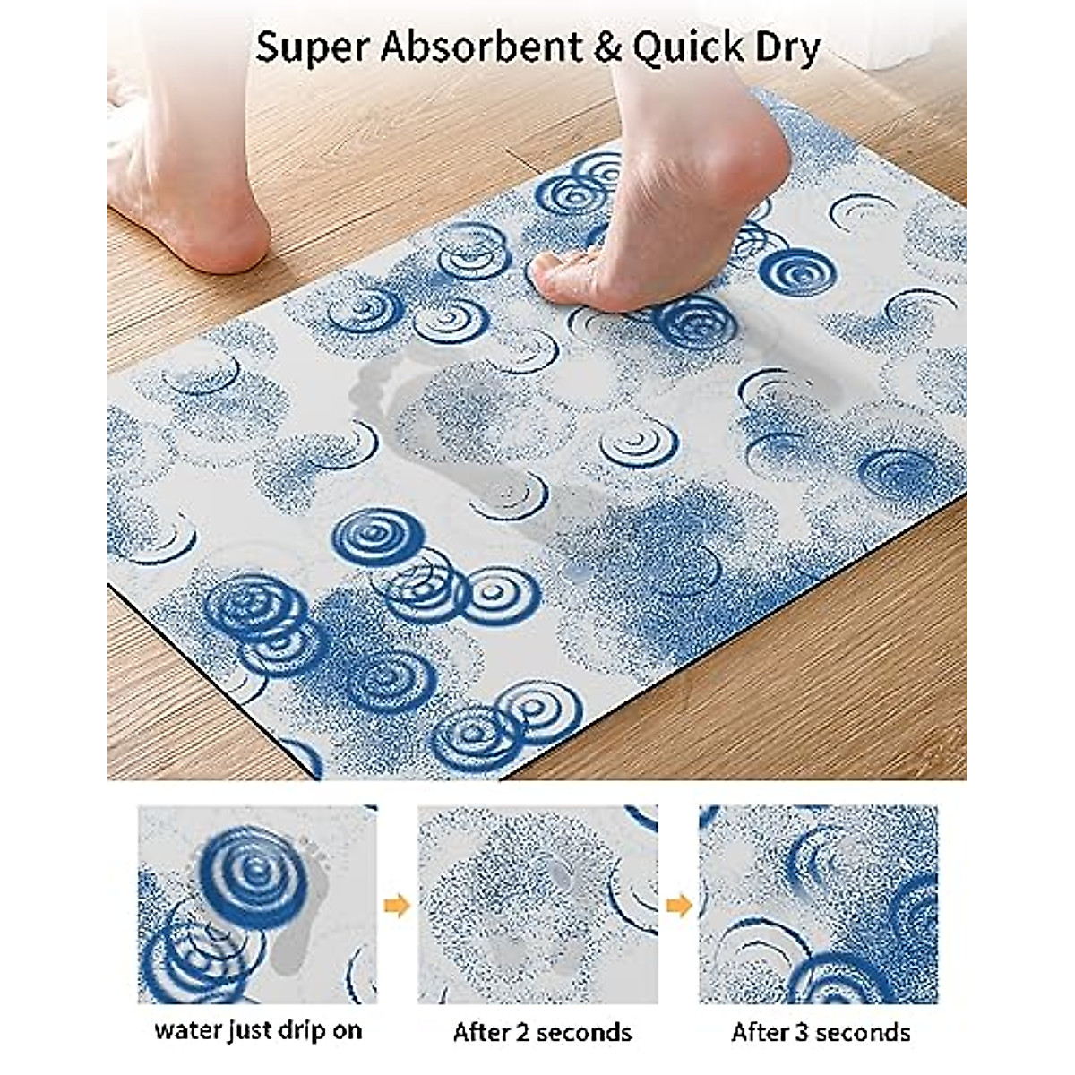 Gogobebe Super Absorbent Diatom Mud Mat Abstract Polypropylene Vintage Texture Blue White Quick-Drying Thin Bath Mat Non-Slip Bathtub Mat Anti-Skid Rubber Bathroom Shower Mat 20x32in