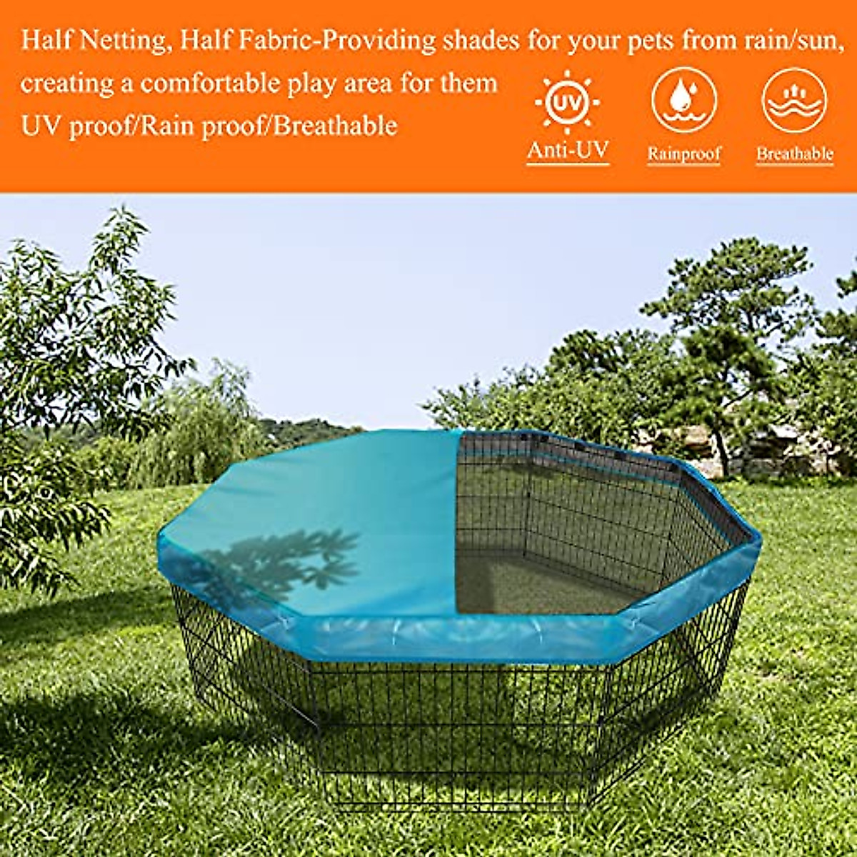 PJYuCien Dog Playpen Mesh Top Cover, Fits 24 Inch 8 Panels Regular Octagon Metal Exercise Pet Playpen, Velcro Connections, Blue (Note: Cover Only, Playpen Not Included !!!)