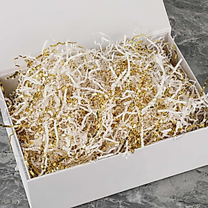 PLINJOY 4 OZ Crinkle Cut Paper Shred Filler for Gift Basket Shredded Confetti Paper Box Stuffing Easter Basket Grass (Gold White)