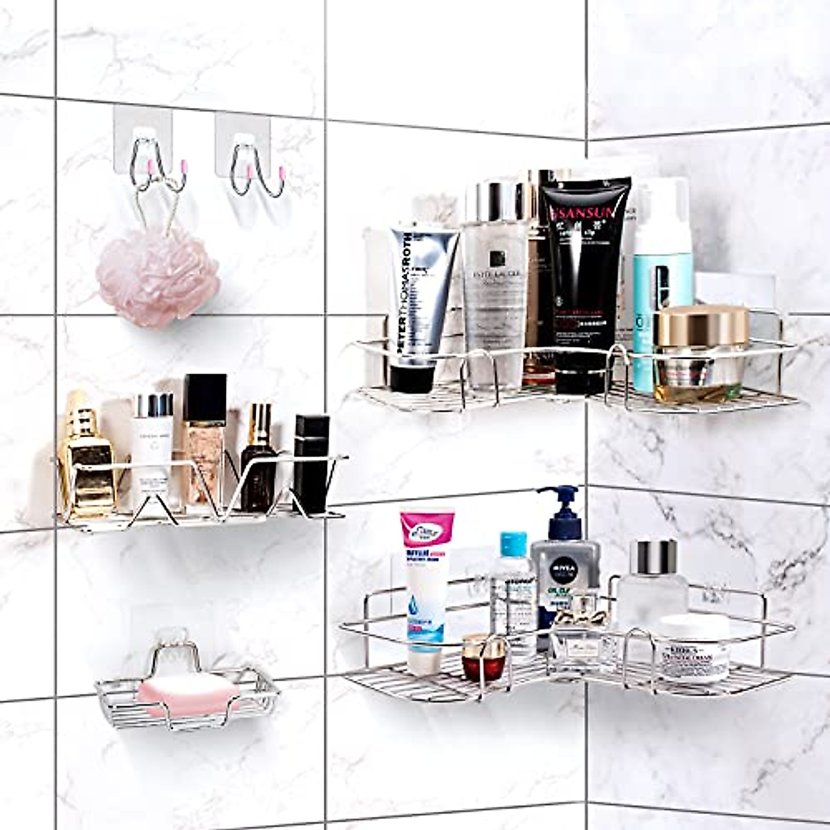 Diesisa Corner Shower Organizer, Stainless Shower Caddy with Adhesive Wall Hooks Shower Shevles Corner for Bathroom, Toilet, Dorm