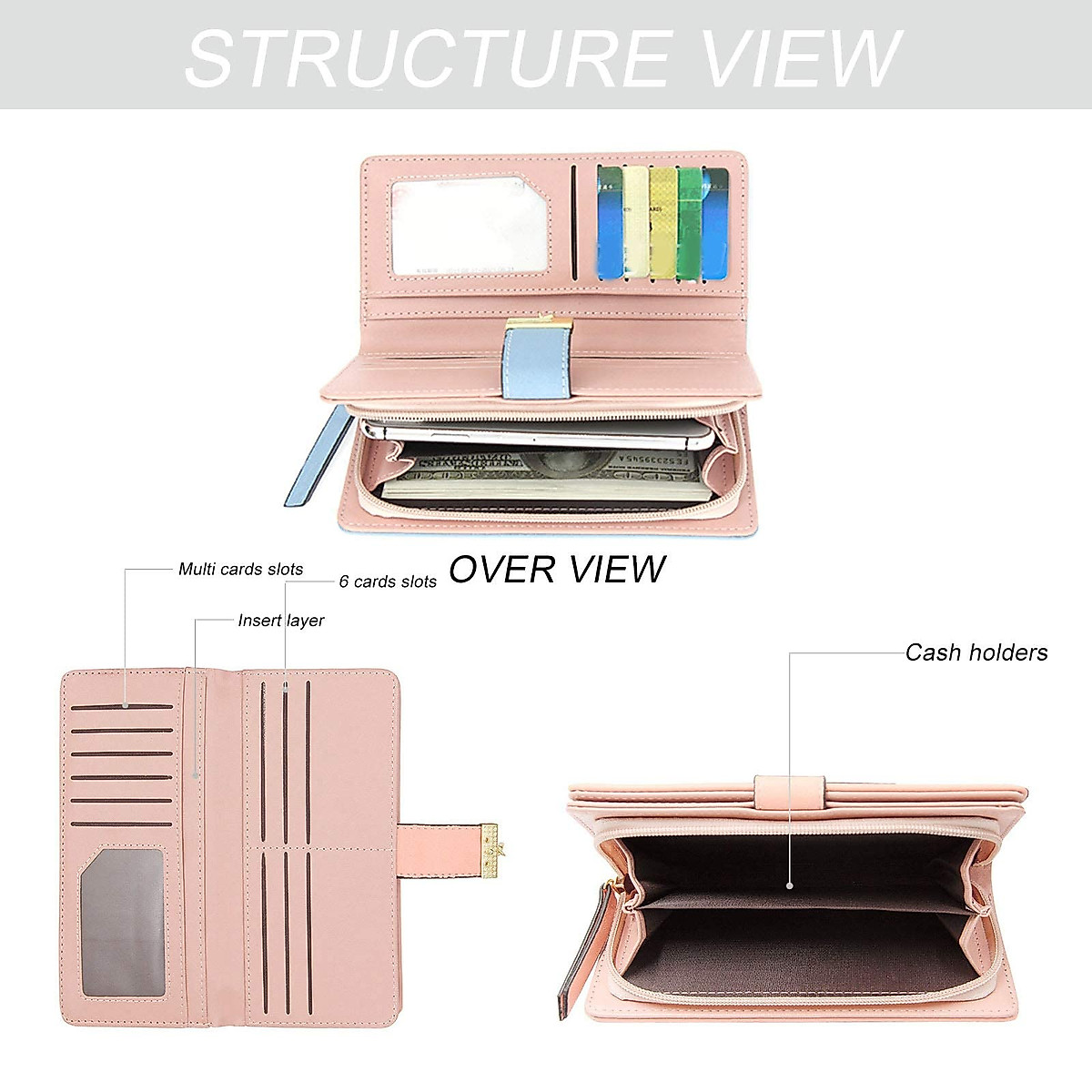 Women’s Long Zipper Fold Wallet with Leave Form Pendant Multifunctional Card Holder Clutch Purse with Snap Fastener(blue)