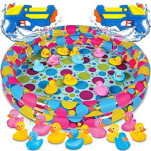 Gamie Duck’em Down Shooting Game, Carnival Duck Pond Game with 1 Inflatable Pool, 2 Water Guns, and 20 Ducks, Backyard Games for Kids, Outdoor Summer Toys, and Carnival Theme Party Decorations