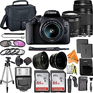 Canon EOS 2000D / Rebel T7 Digital SLR Camera 24.1MP with 18-55mm + 75-300mm Lens, ZeeTech Accessory Bundle, 2 Pack SanDisk 64GB Memory Card, Telephoto + Wideangle Lenses, Flash, Case (Renewed)