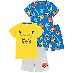 Pokemon Boys 2 Pack Pyjamas Kids Pikachu Bulbasaur Charmander Squirtle T-Shirts Shorts Set Sleepwear Multicolor