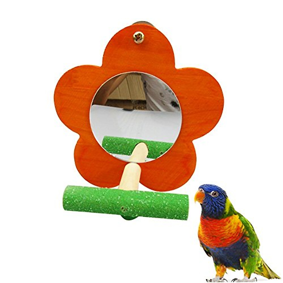 Bird Parrot Mirror with Perch Natural Wood Swing Colorful Sand Grind Paw Trim Beak for Small Parrot Parakeet Cockatiel Lovebird Conure Finch Budgie (Flower-Shaped)
