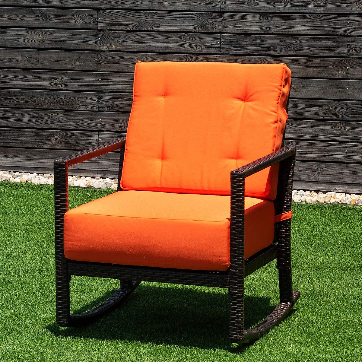 Tangkula (Orange) Rocker, Outdoor Patio Rattan Wicker Rocking Armchair Chair Furniture W/Cushion