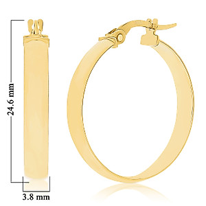 Italian 14k Yellow Gold Shiny Rounded Flat Medium Hollow Hoop Earrings 1"