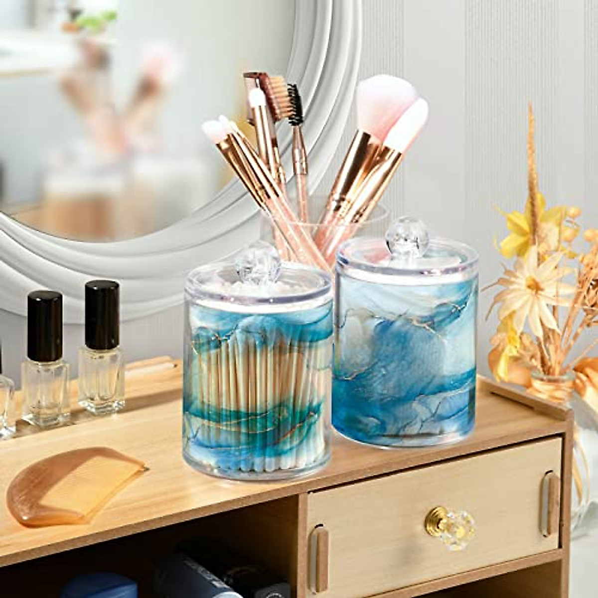 ALAZA 4 Pack Qtip Holder Dispenser Teal Turquoise Marble Bathroom Organizer Canisters for Cotton Balls/Swabs/Pads/Floss,Blue Marble Plastic Apothecary Jars for Vanity