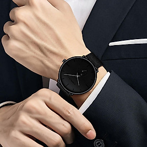 Mens Watches Ultra-thin Minimalist Waterproof-Fashion Wrist Watch for Men Unisex Dress with Stainless Steel Mesh Band-Black Hands