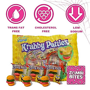 Burger Gummy Bundle. Includes One-5.08 Oz Bag of Spongebob SquarePants Krabby Patty Gummies Plus a Zombibites Fridge Magnet. Krabby Patty Gummies are Fat Free Gummy Candies!