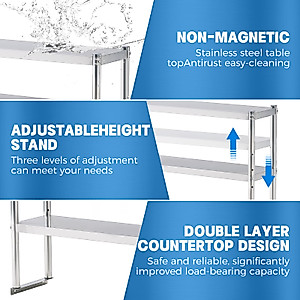 KUARBARR Stainless Steel Double Overshelves 2 Tier Overshelf for Prep & Work Table 12 x 72 Inches Height Adjustable Commercial Overshelf in Restaurant Kitchen Home